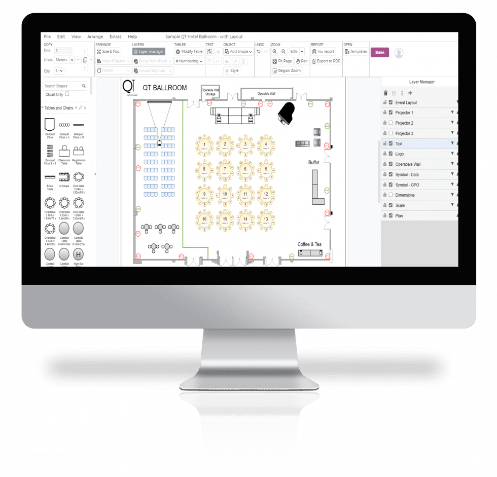 Event Diagramming 3D: View plans in both a 2D and 3D